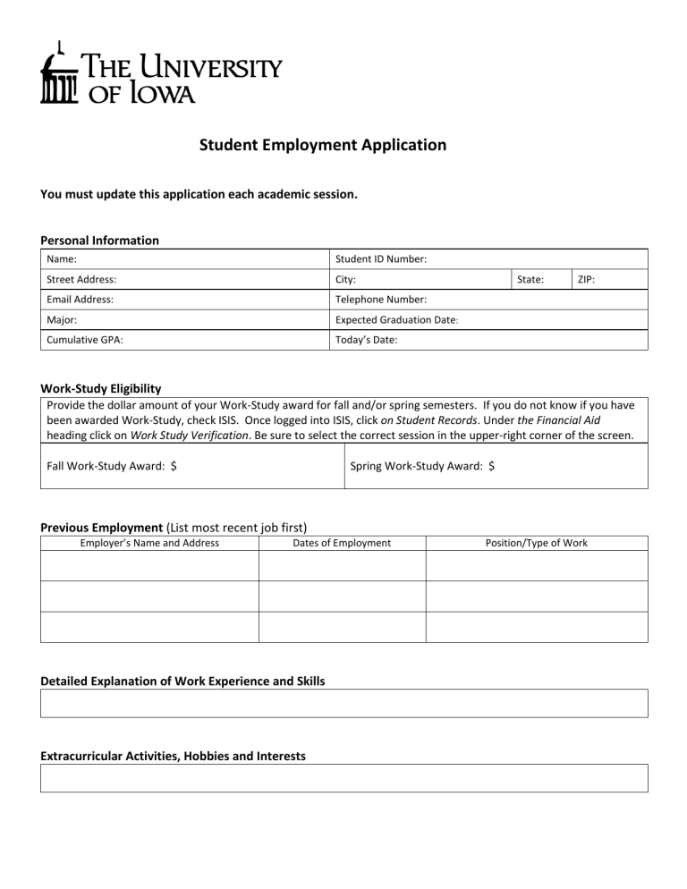 University of Iowa Student Employment Application - Personal & Work-Study