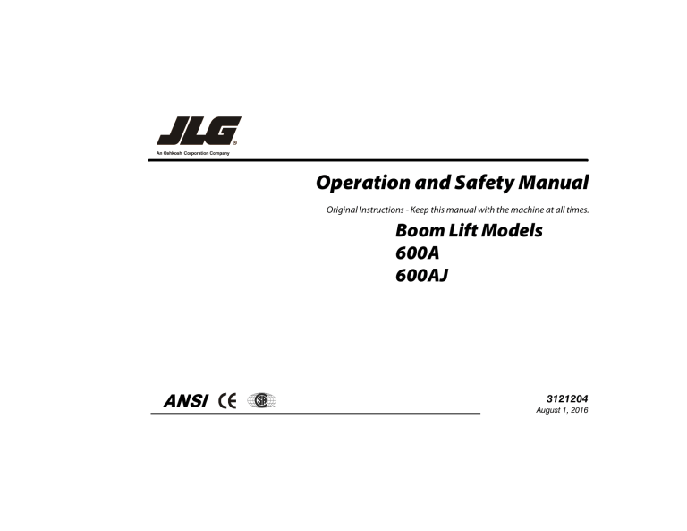JLG Boom Lift 600A 600AJ Operation & Safety Manual - August 2016