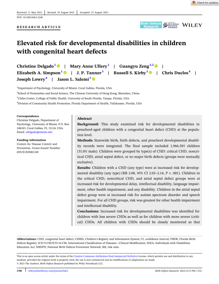 Elevated Risk for Developmental Disabilities in Children with CHDs