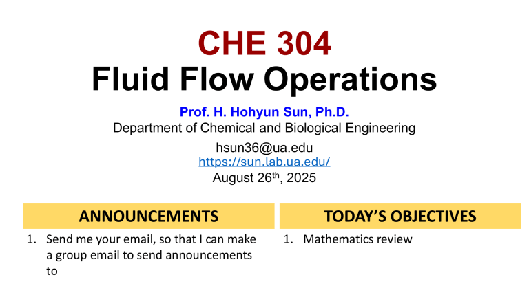 CHE 304 Fluid Flow Operations: Mathematics Review (Integrals, Derivatives)