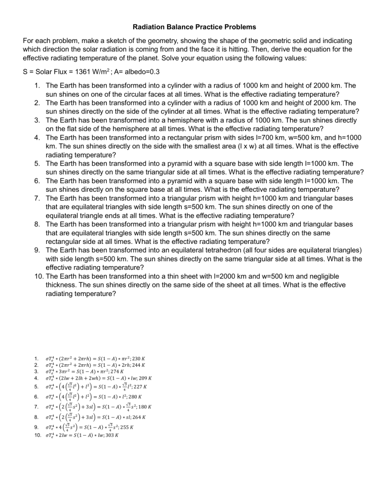 Radiation Balance Practice Problems: Effective Radiating Temperature