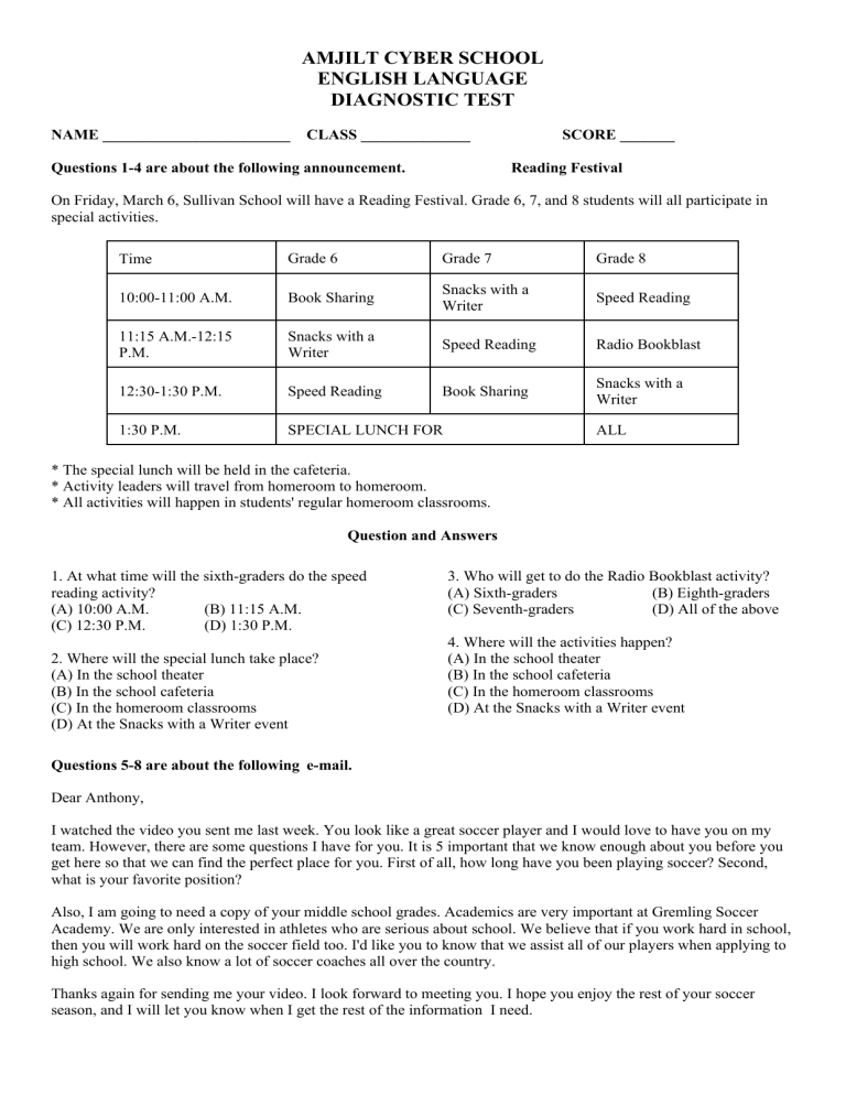 English Language Diagnostic Test for Middle School Students