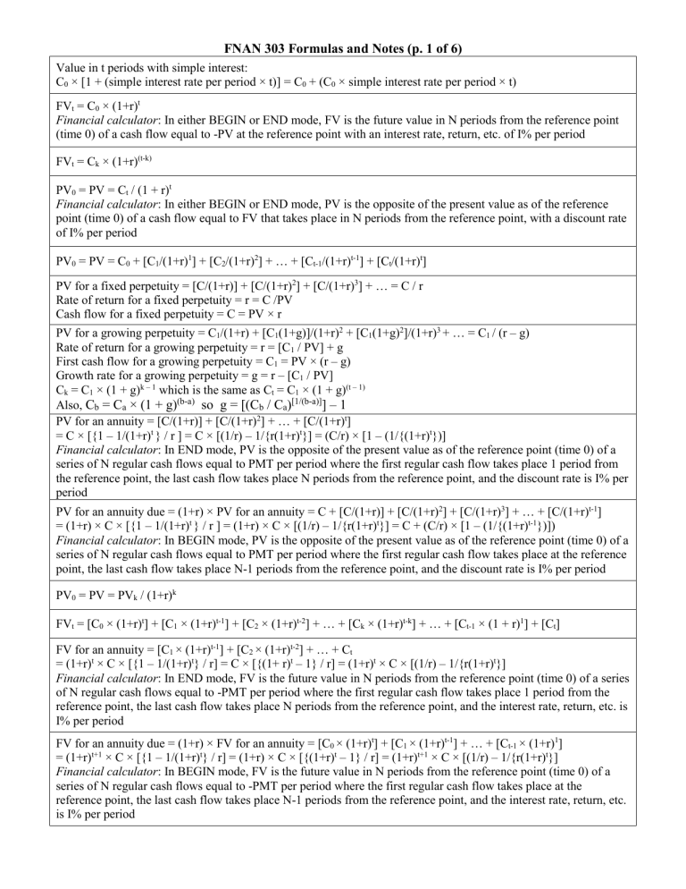 FNAN 303 Finance Formulas & Notes: PV, FV, Annuities, Bonds, Stocks