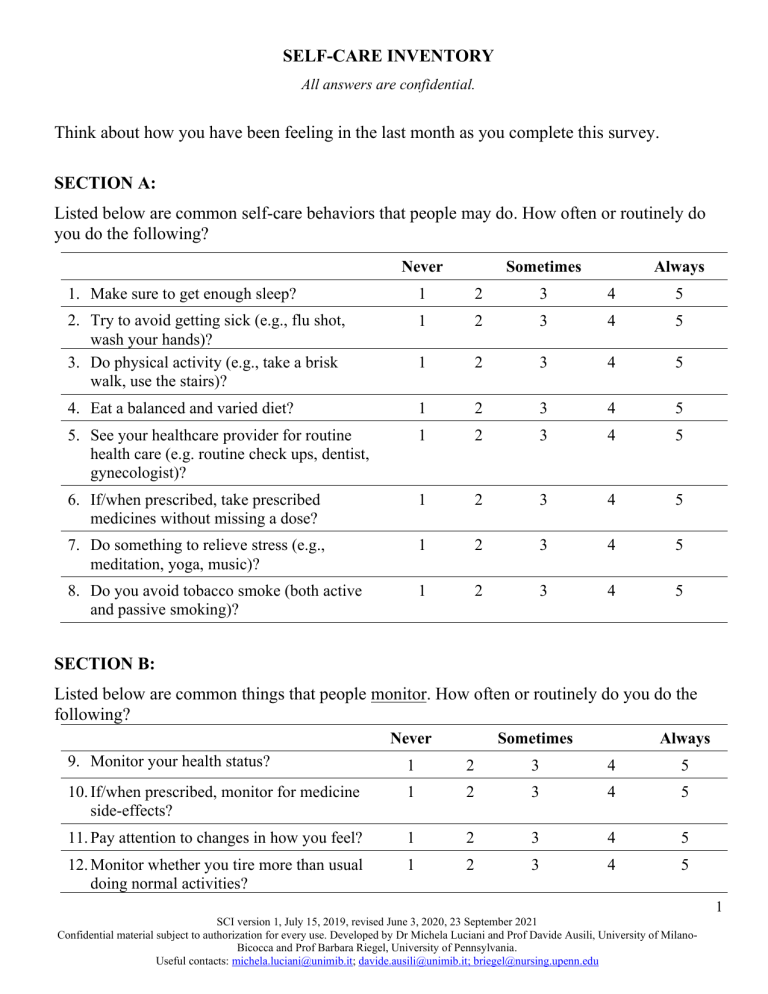 Self-Care Inventory & Self-Efficacy Scale: Health Assessment Survey
