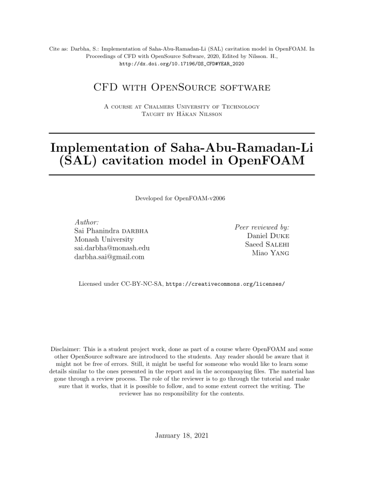 SAL Cavitation Model Implementation in OpenFOAM: A CFD Tutorial