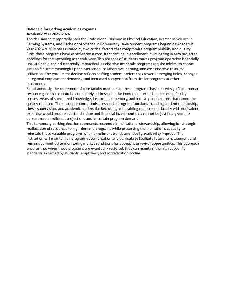 Rationale for Parking Academic Programs AY 2025-2026: Enrollment & Faculty