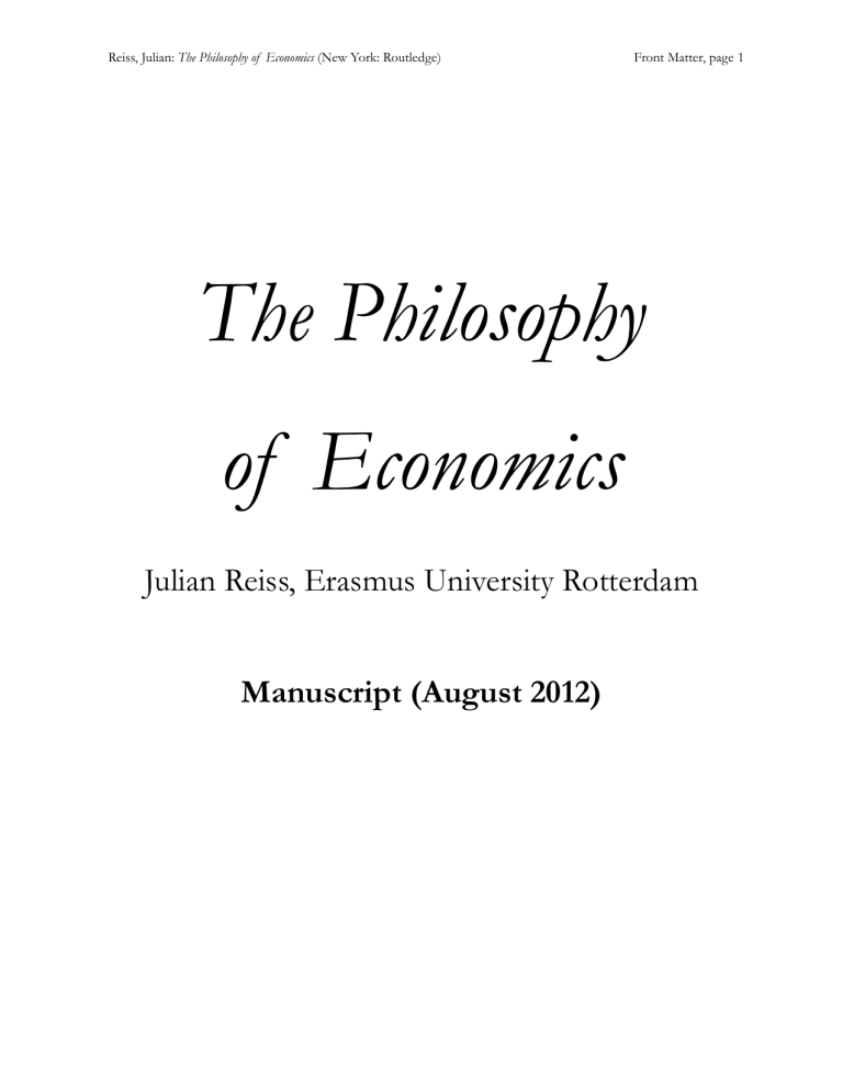 The Philosophy of Economics by Julian Reiss - Routledge Manuscript