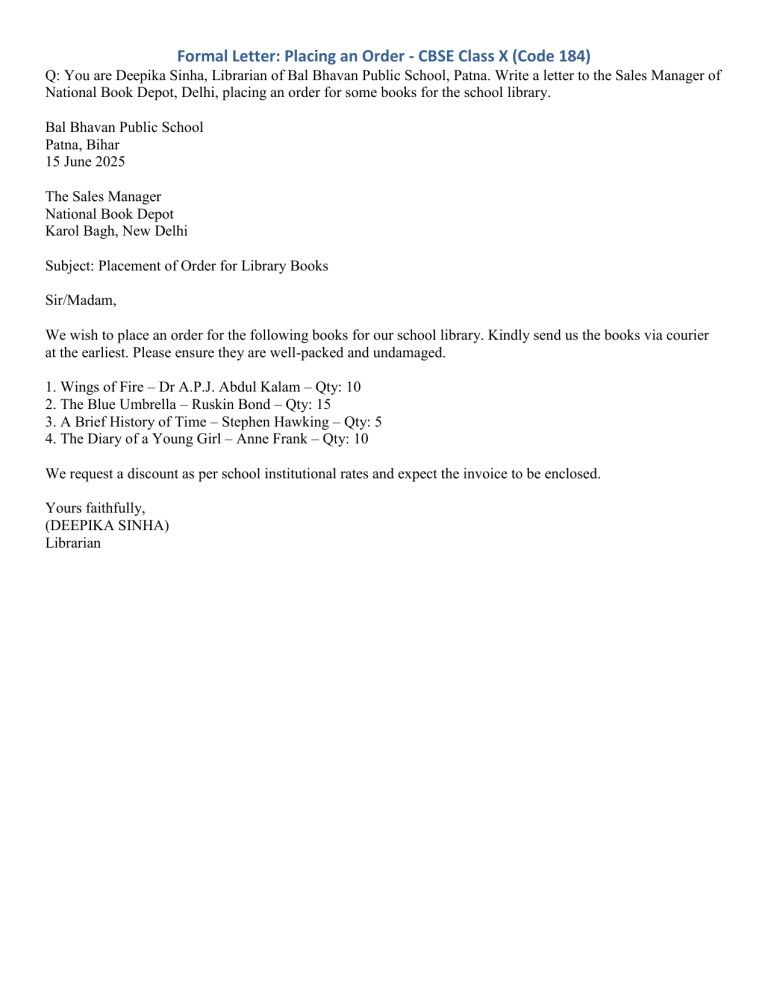 CBSE Class 10 Formal Letter: Placing Order Example & Practice