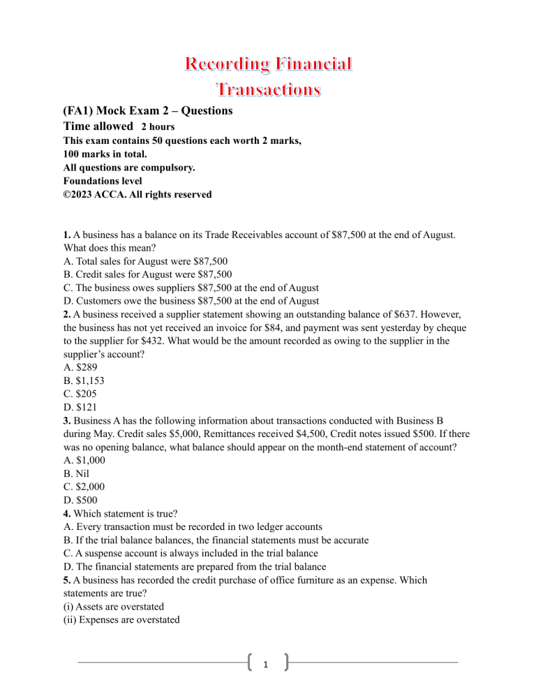 ACCA FA1 Mock Exam 2 Questions - Recording Financial Transactions