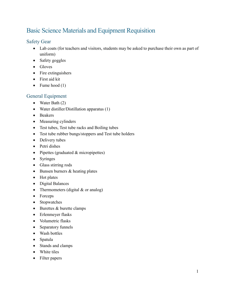Basic Science Lab Equipment & Materials Requisition List