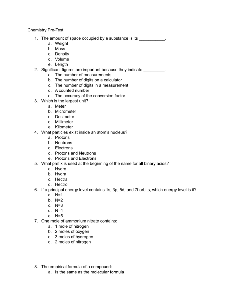Chemistry Pre-Test: Fundamental Concepts Assessment