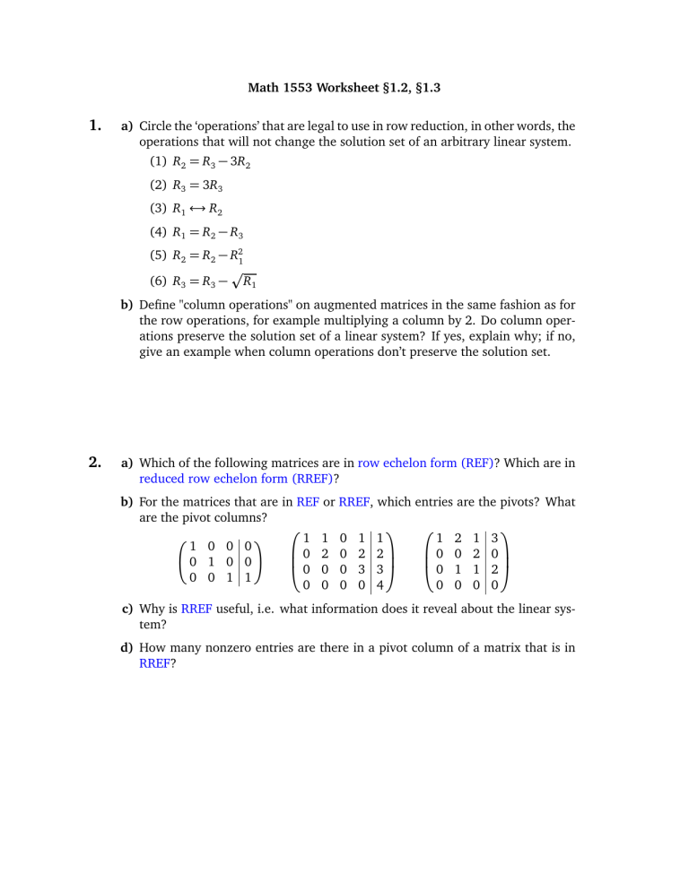 Linear Algebra Worksheet: Row Reduction & Solutions