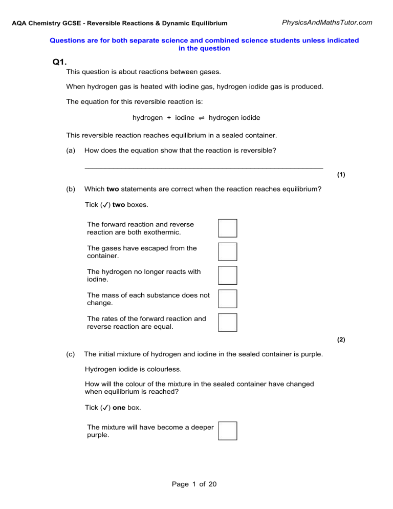 AQA Chemistry GCSE: Reversible Reactions & Dynamic Equilibrium Questions