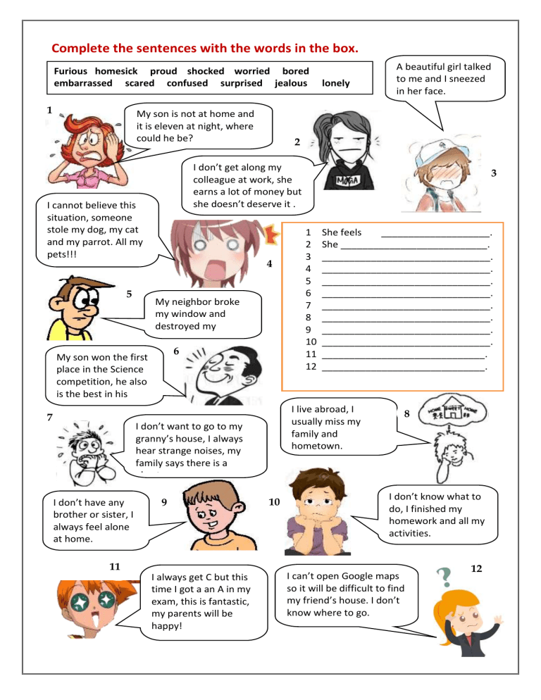 Complete Sentences: Emotions Vocabulary Worksheet for ESL