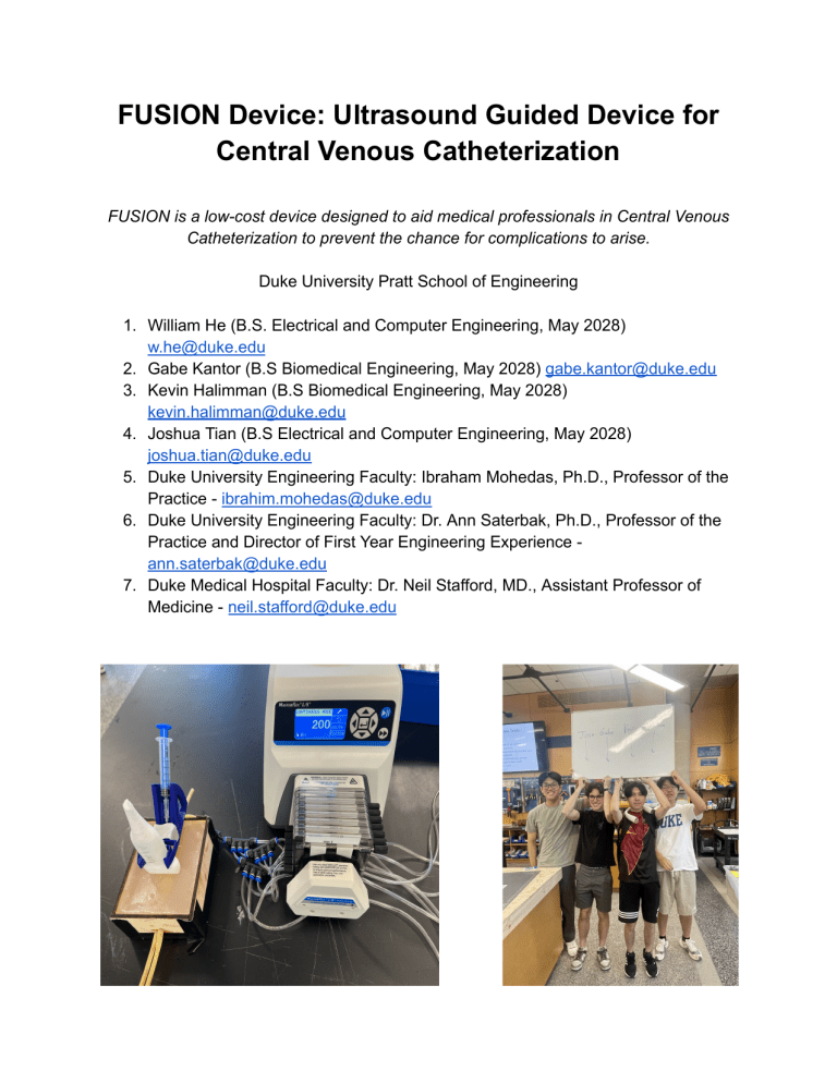 FUSION Device: Ultrasound Guided CVC Catheterization Aid | Duke Engineering