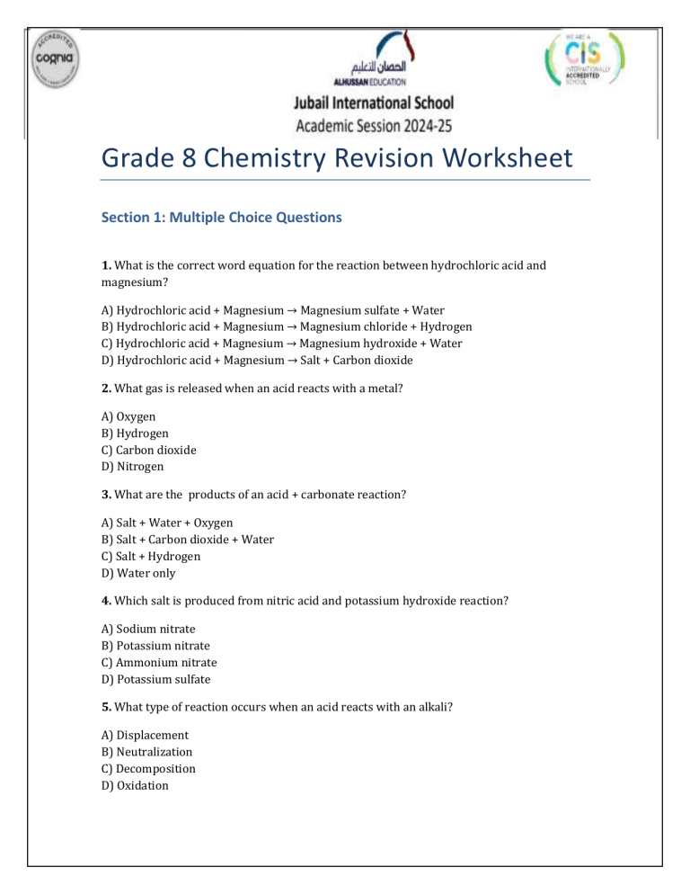 Grade 8 Chemistry Revision Worksheet: Acids, Bases, Salts & Reactions