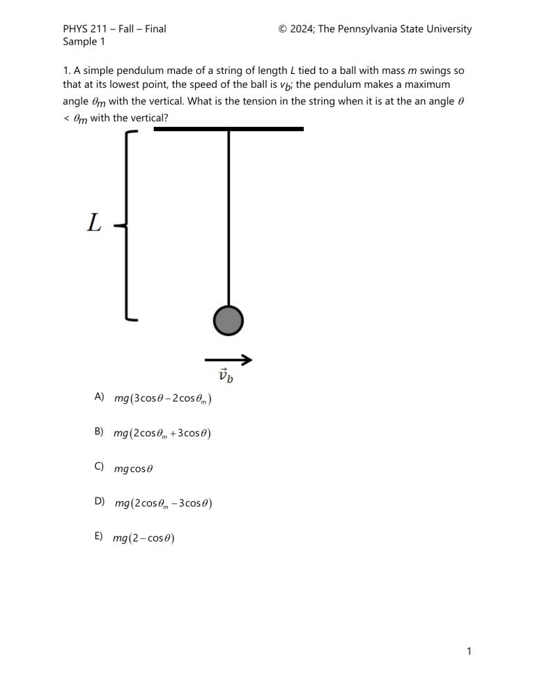 PHYS 211 Fall Final Exam Sample 1 - University Physics Problems