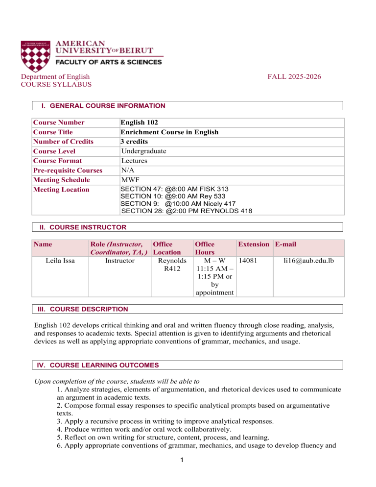 English 102 Syllabus: Enrichment Course in English - Fall 2025-2026