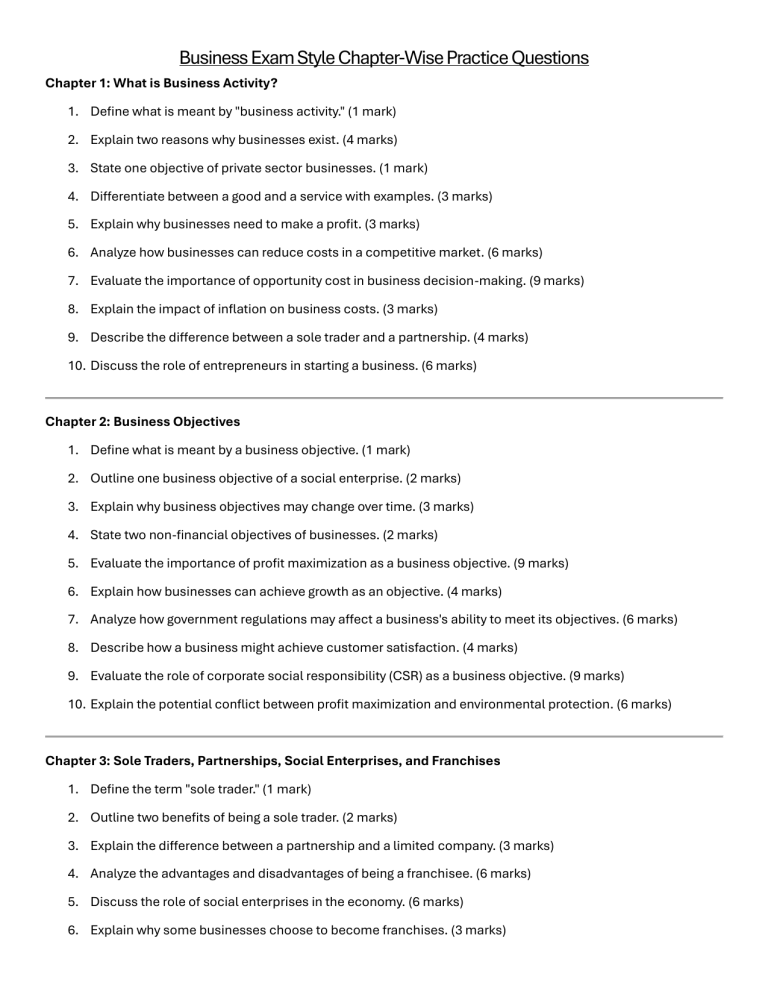Business Exam Practice Questions: Chapter-Wise Study Guide
