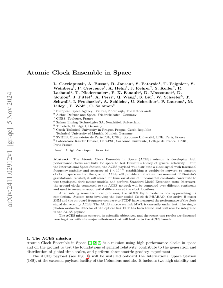 Atomic Clock Ensemble in Space (ACES): Relativistic Tests & Metrology