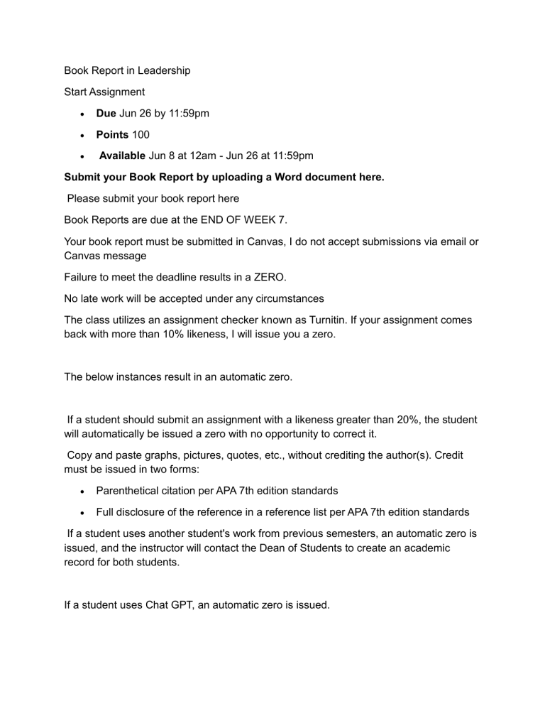 Leadership Book Report Assignment: Guidelines & Academic Integrity