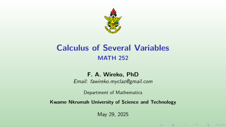Calculus of Several Variables MATH 252: Vectors & Geometry of Space