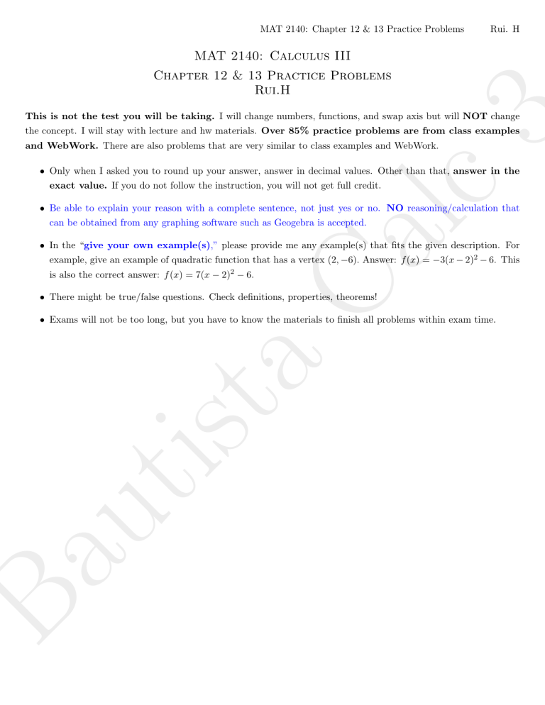 Calculus III Practice Problems: Chapter 12 & 13 (MAT 2140)