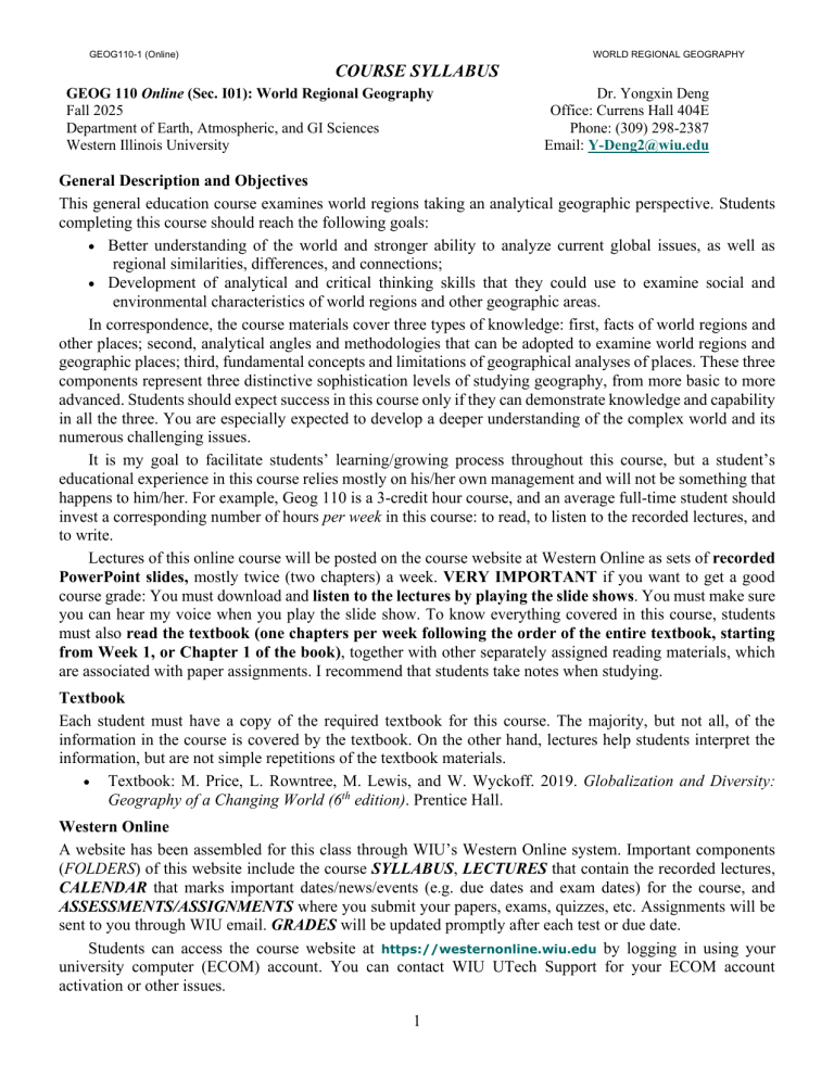GEOG110-1 World Regional Geography Online Course Syllabus WIU