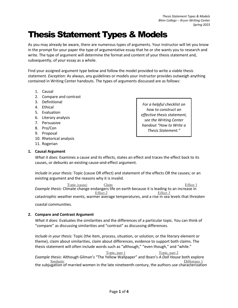 Thesis Statement Types & Models Guide