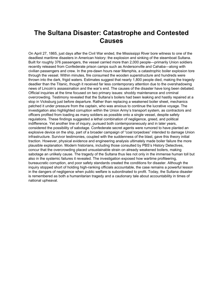 Sultana Disaster: Causes and Aftermath
