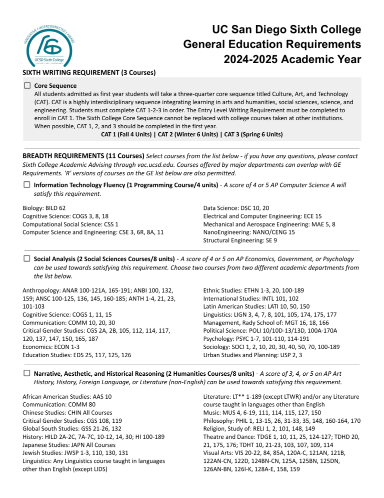 UC San Diego Sixth College GE Requirements 2024-2025