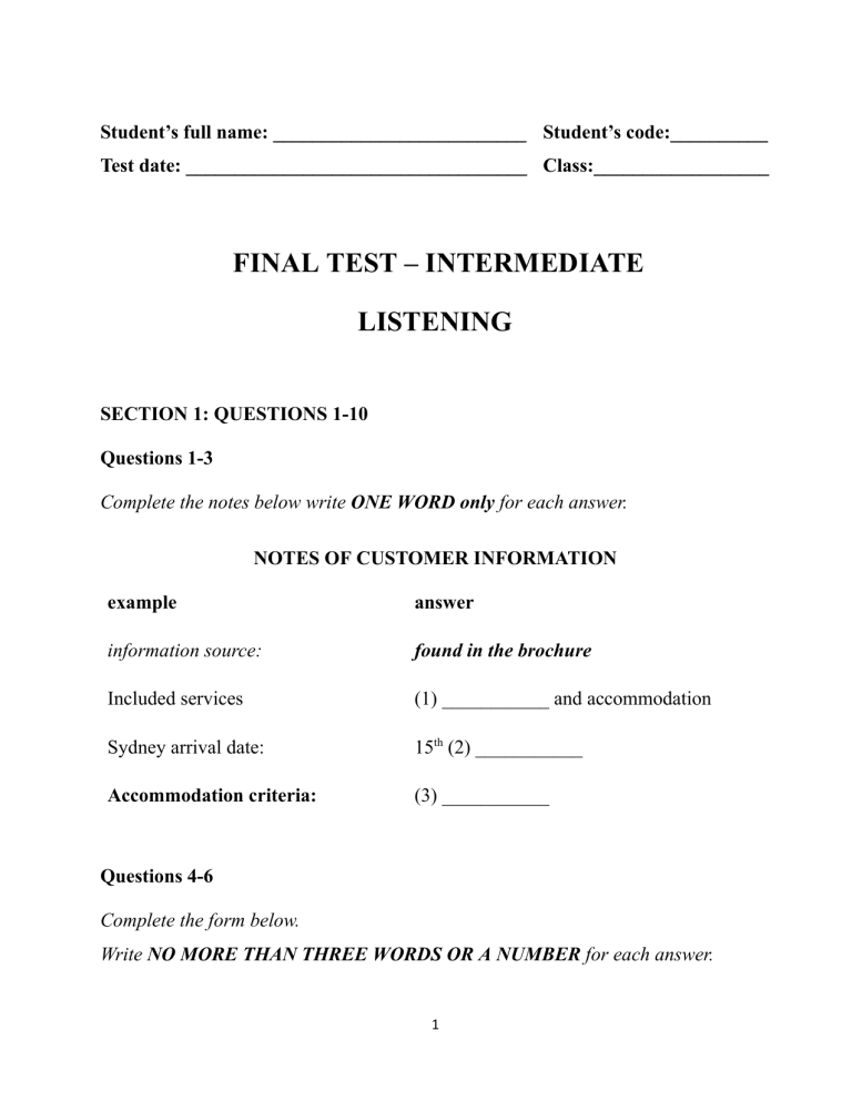 Intermediate Listening Test: Final Exam