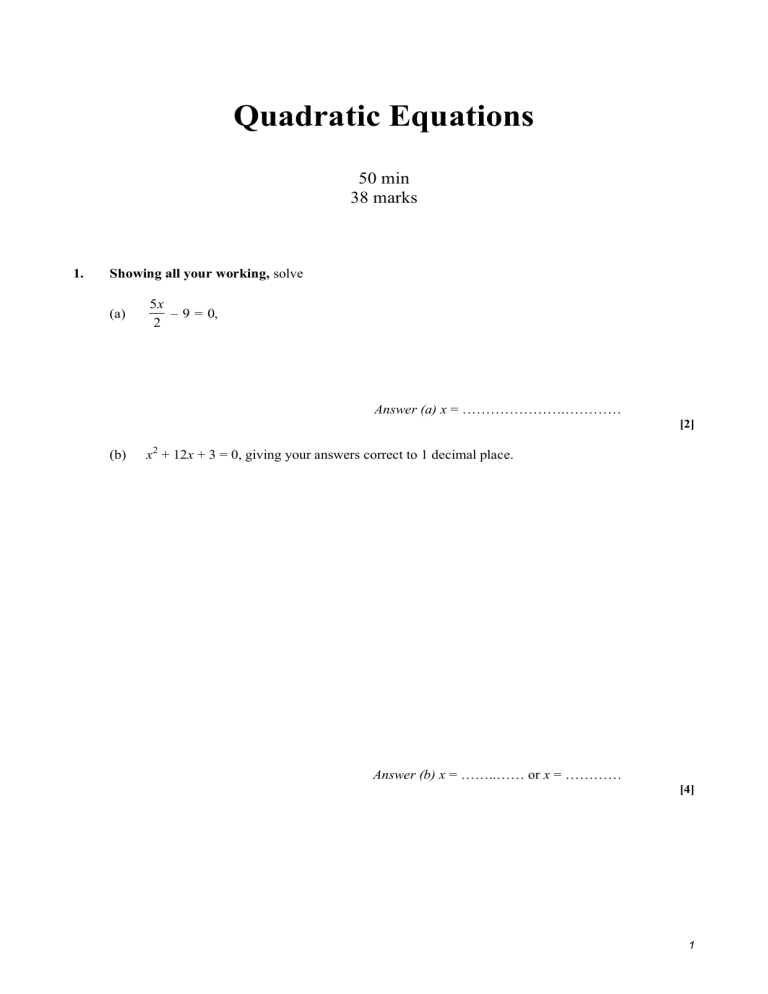 Quadratic Equations Worksheet: High School Math Practice
