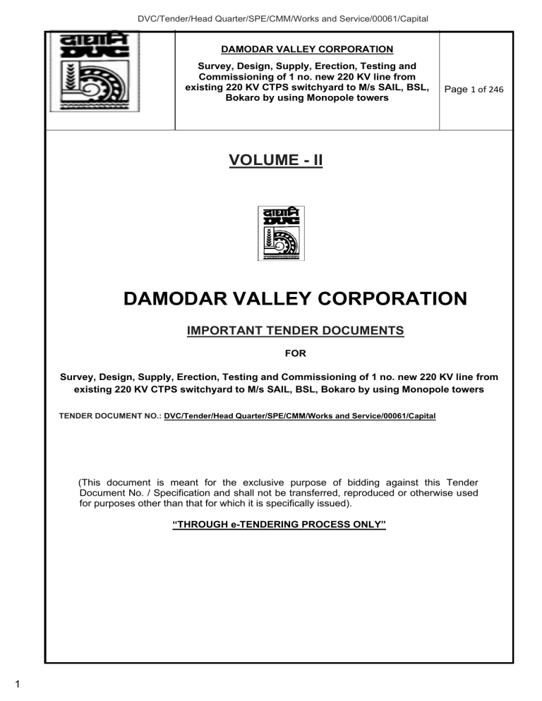 DVC 220 KV Monopole Line Tender: OPGW Cable & Structure Specs