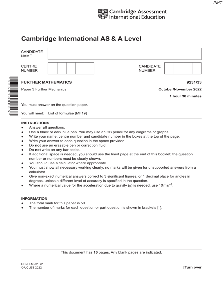 Cambridge AS & A Level Further Mathematics 9231/33 Mechanics Exam 2022