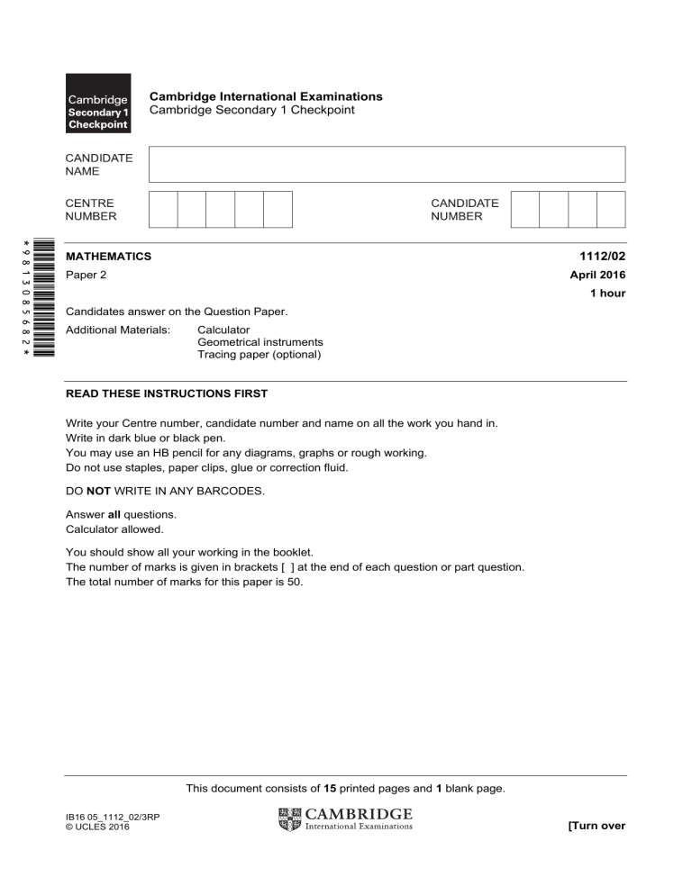 Cambridge Secondary 1 Checkpoint Mathematics Paper 2 - April 2016 Exam