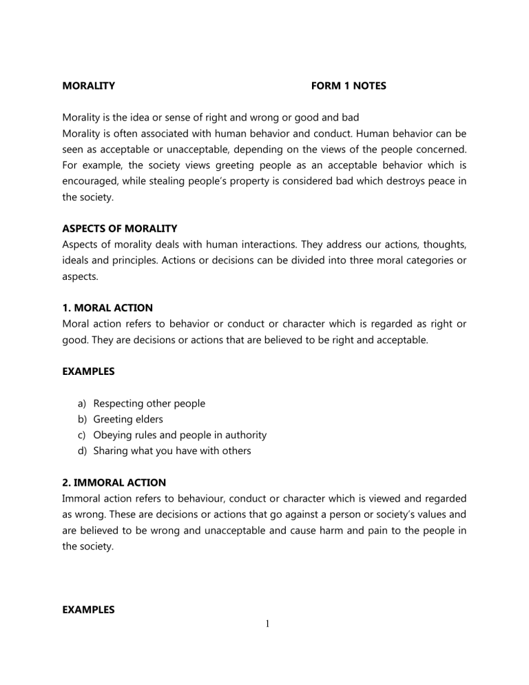 Morality Form 1 Notes: Concepts, Aspects, Sources & Importance
