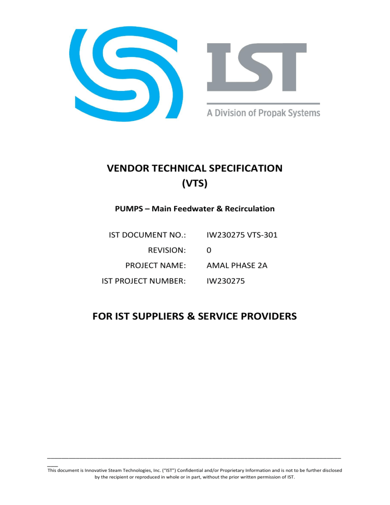 IST Vendor Technical Specification (VTS) for Main Feedwater ...