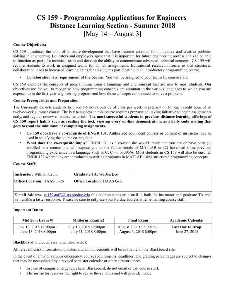 CS 159 Programming Applications for Engineers Syllabus - Summer 2018