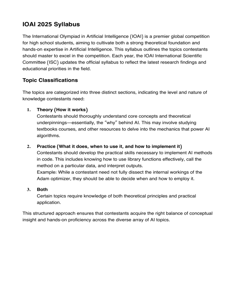 IOAI 2025 Syllabus: Artificial Intelligence Olympiad Topics
