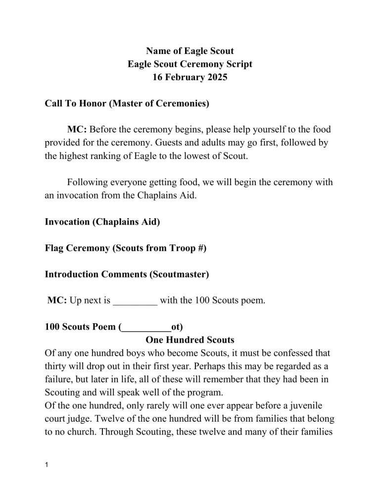 Eagle Scout Ceremony Script - 16 February 2025