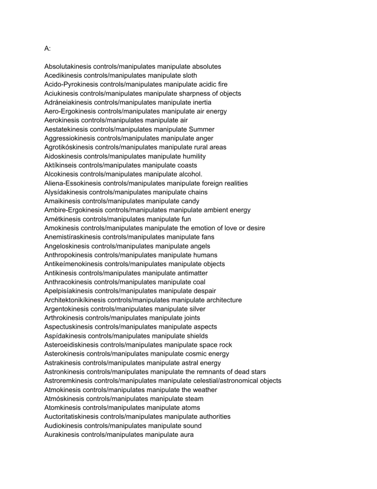 Kinesis Abilities Glossary: Fictional Powers List (A-F)