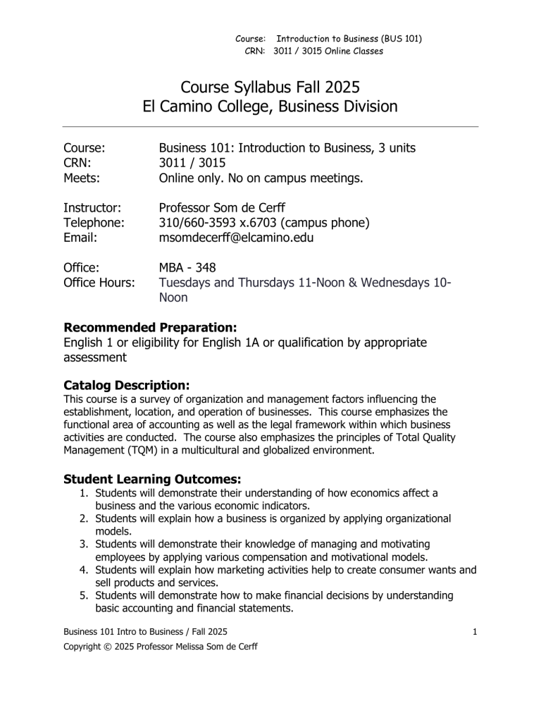 BUS 101 Introduction to Business Syllabus - El Camino College Fall 2025