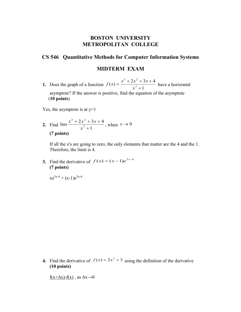 Quantitative Methods Midterm Exam - Boston University