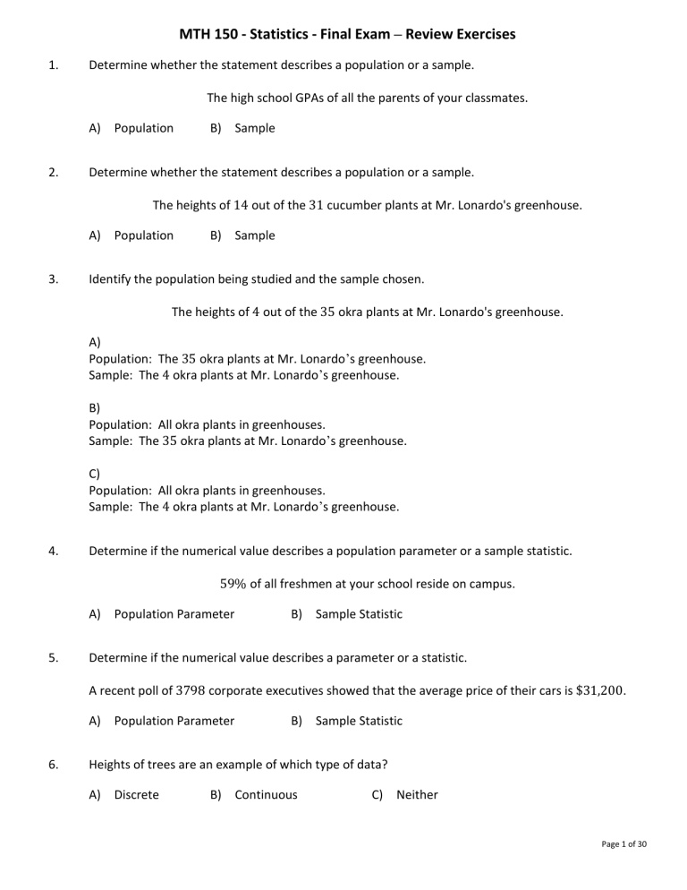 Statistics Final Exam Review Exercises
