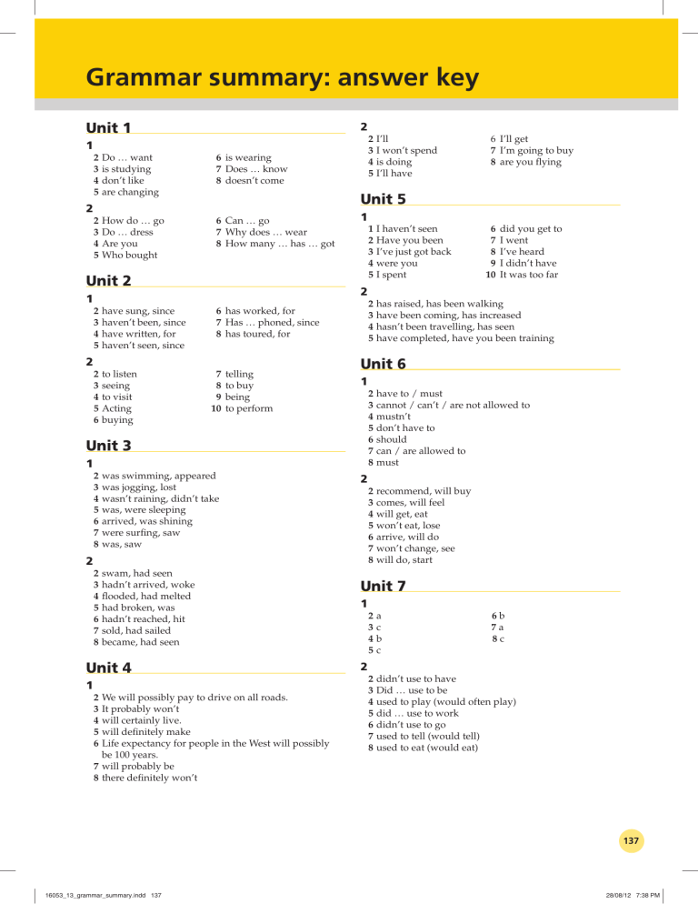 Grammar Answer Key: Units 1-12
