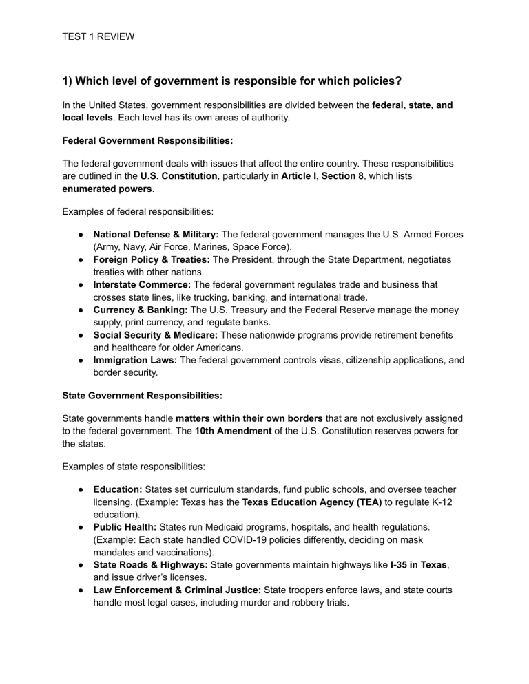 US Government Test 1 Review: Federalism, Policy, and More