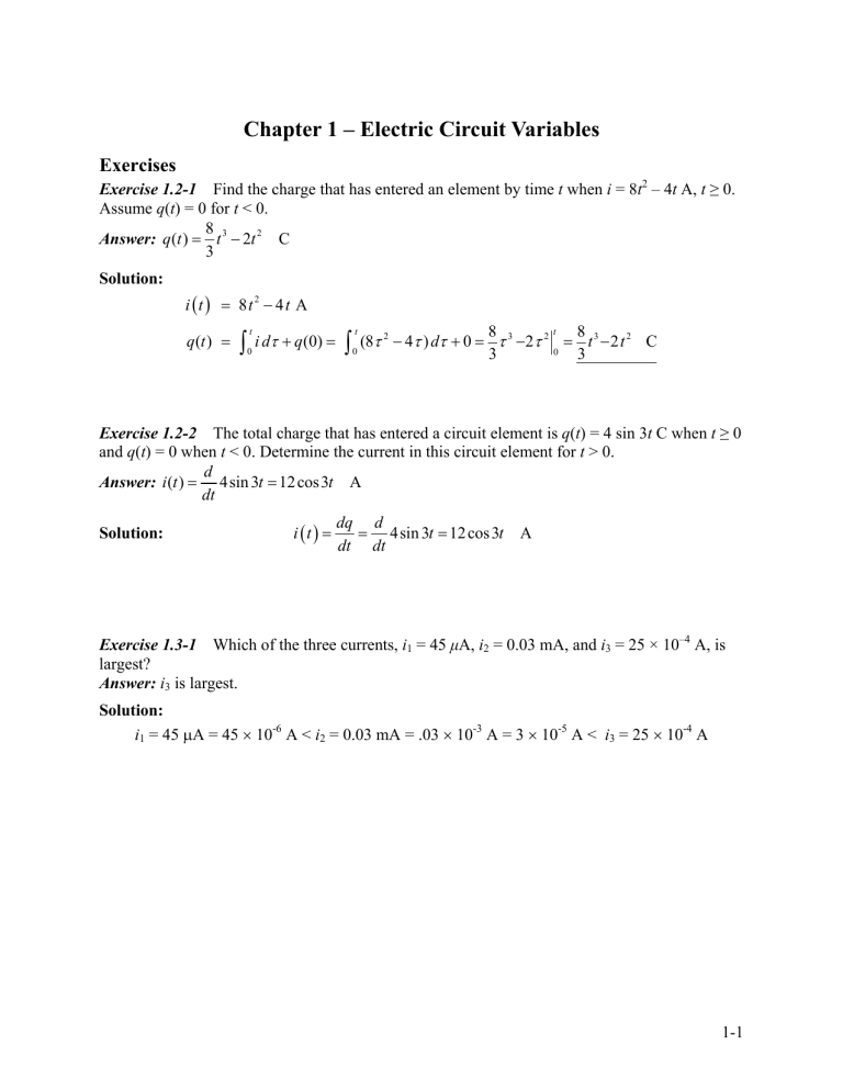 Electric Circuit Variables Exercises & Solutions