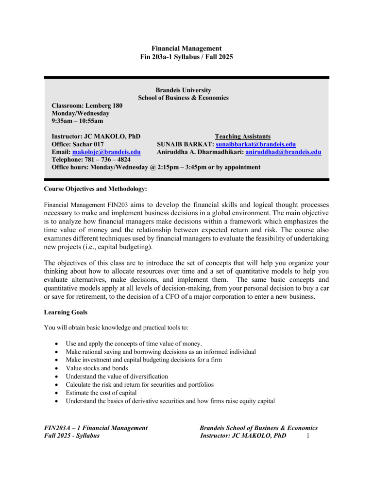 Financial Management Syllabus - Brandeis University