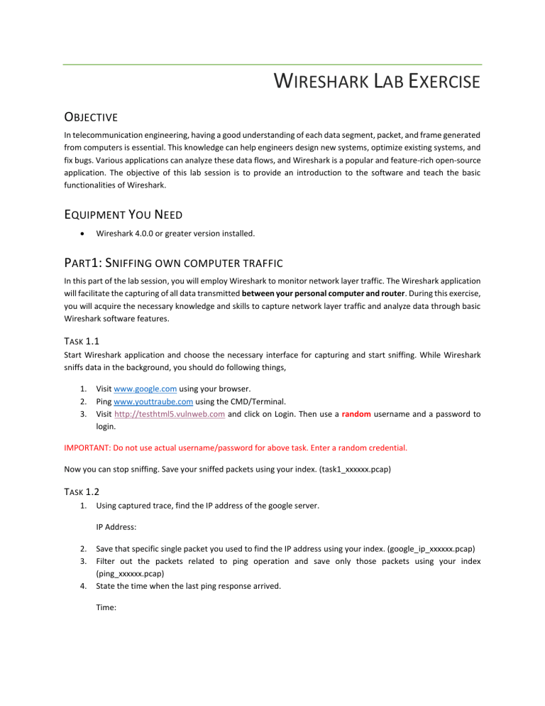 Wireshark Lab Exercise: Network Traffic Analysis